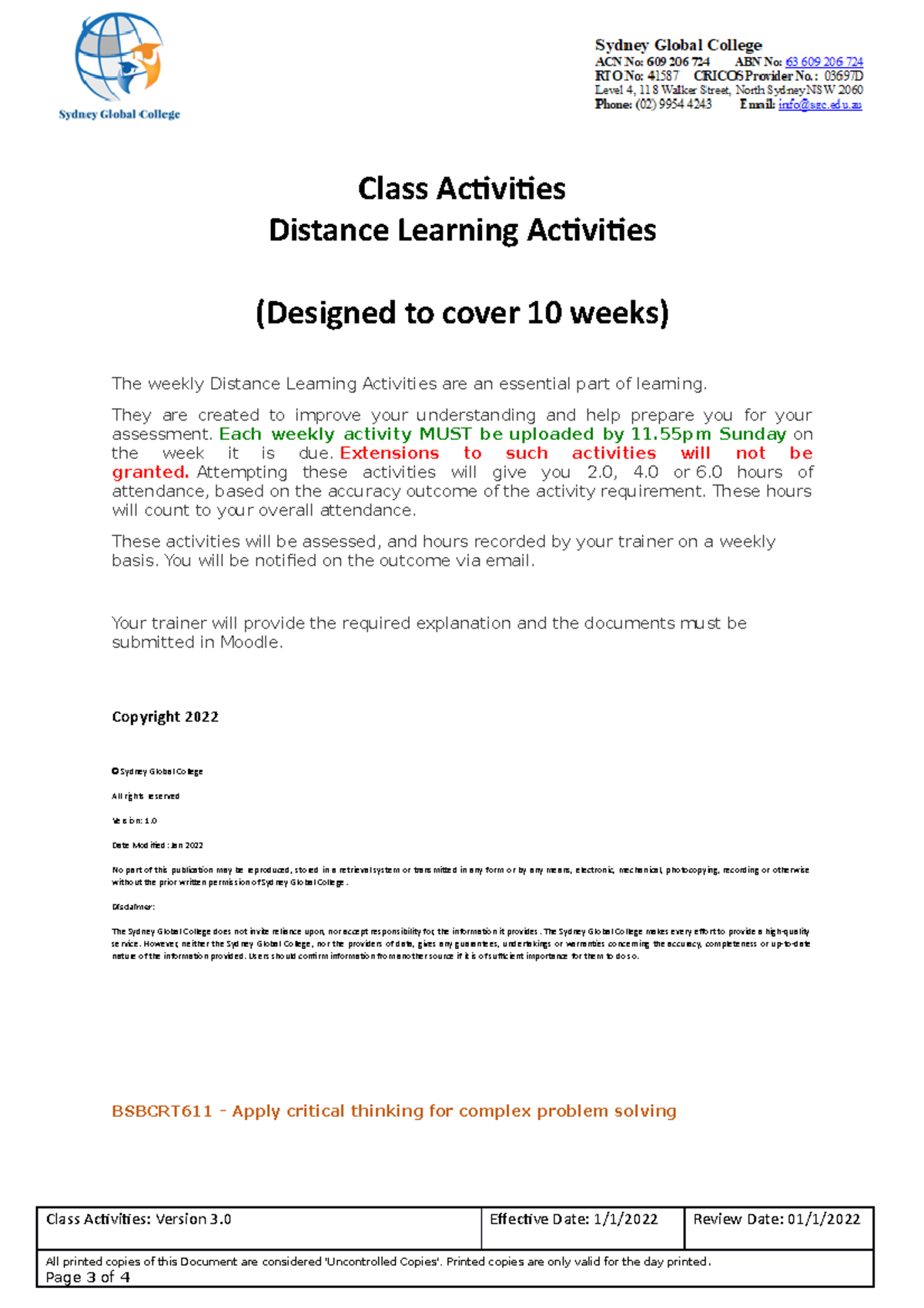 Bsbcrt 611 Class activity book - Student Copy - Class Activities Distance Learning Activities ...