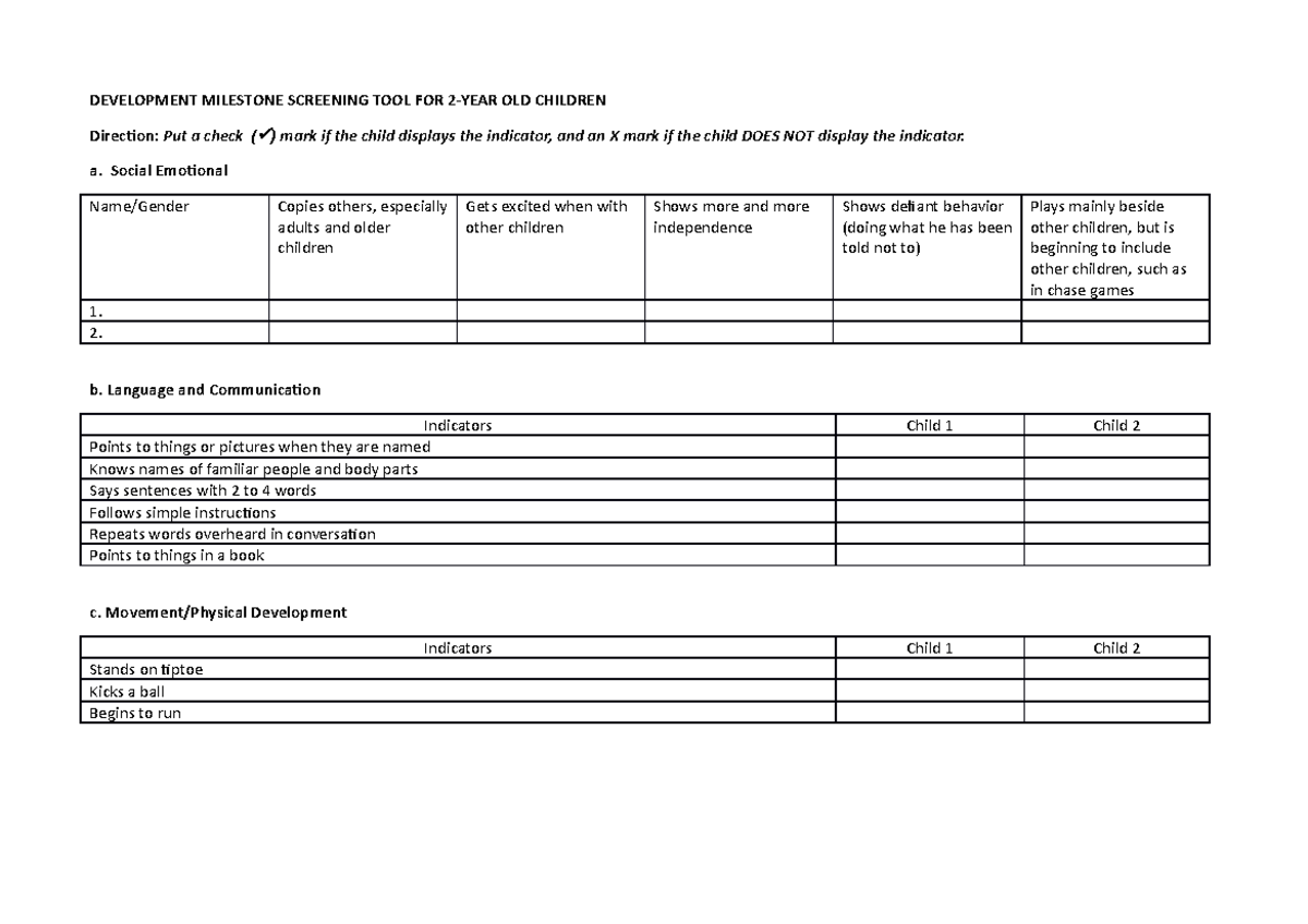 Matrix for Childfind - DEVELOPMENT MILESTONE SCREENING TOOL FOR 2-YEAR ...