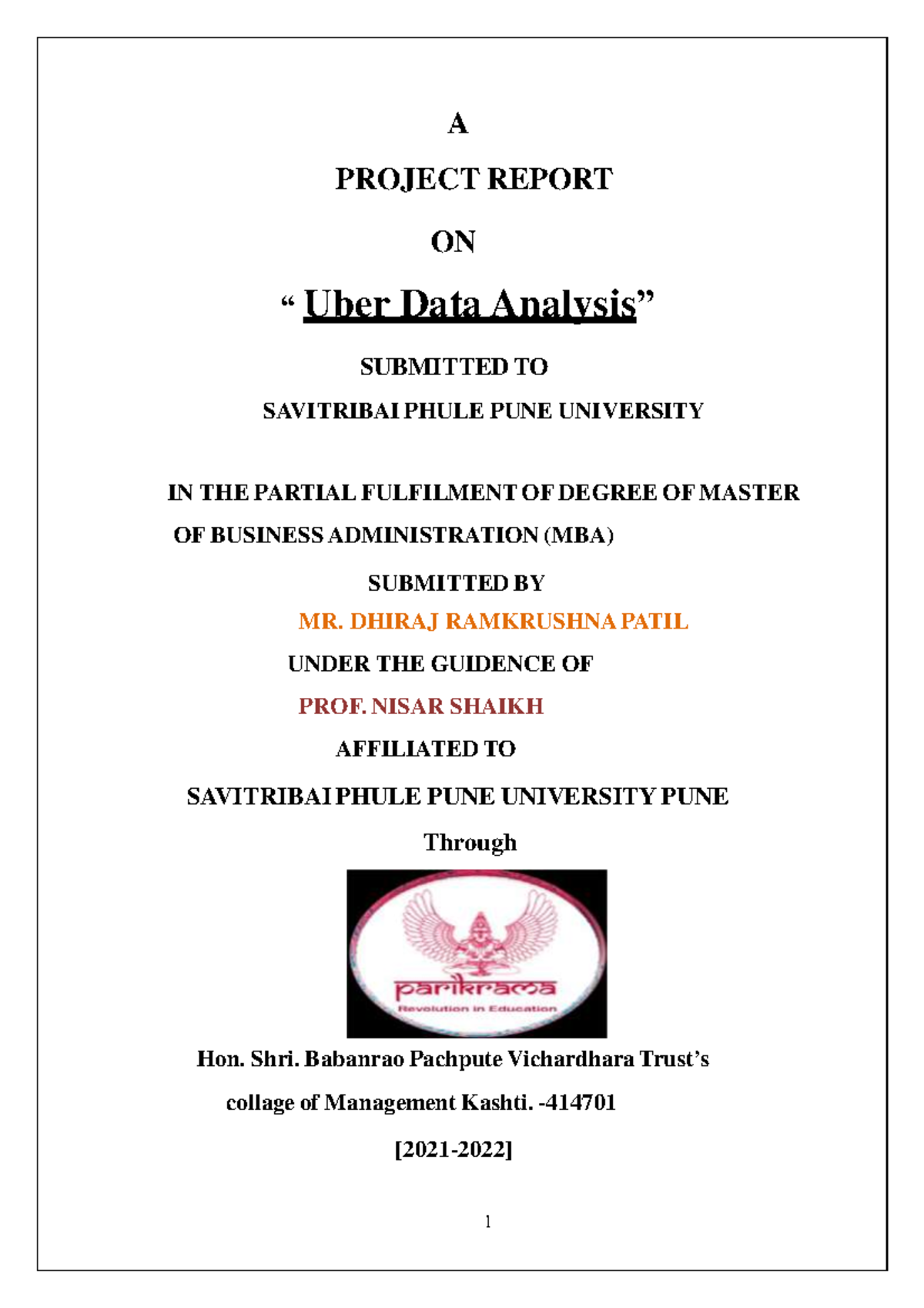 Dhiraj sip - 1 - For sip project - A PROJECT REPORT ON “ Uber Data ...