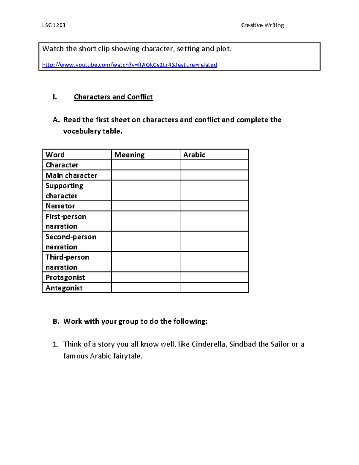 CLO 1,4 Plot elements (Character and Conflict Task - Watch the short ...