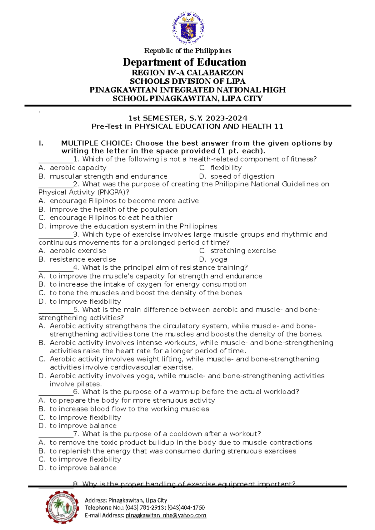 Pre Test (PE11) - . 1st SEMESTER, S. 2023- Pre-Test in PHYSICAL ...