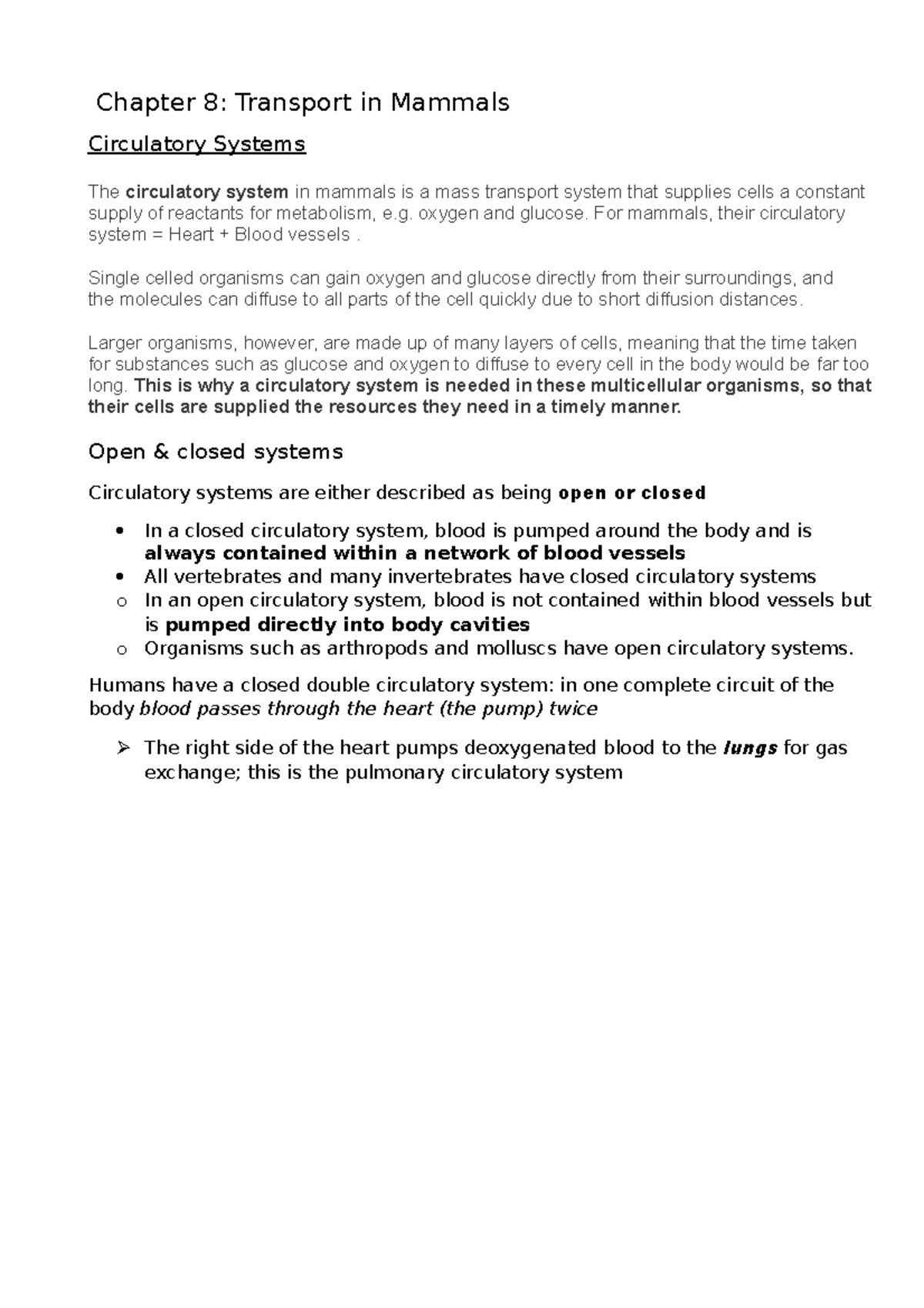 Notes Chp 8 Transport in Mammals - Chapter 8: Transport in Mammals ...