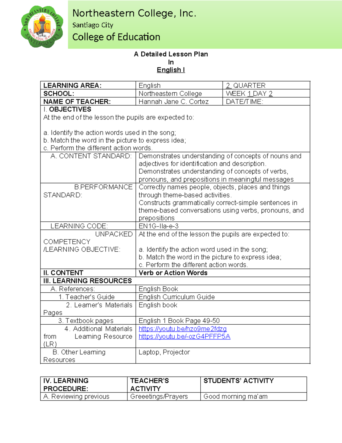 English 1 Lp Hannah 1 - Lesson plans - Santiago City College of ...