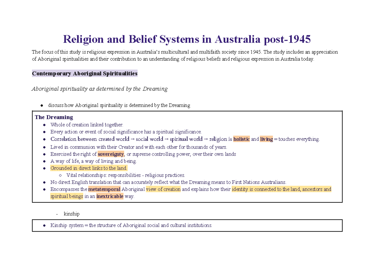 Religion and Belief Systems in Australia post-1945 Notes - Religion and ...