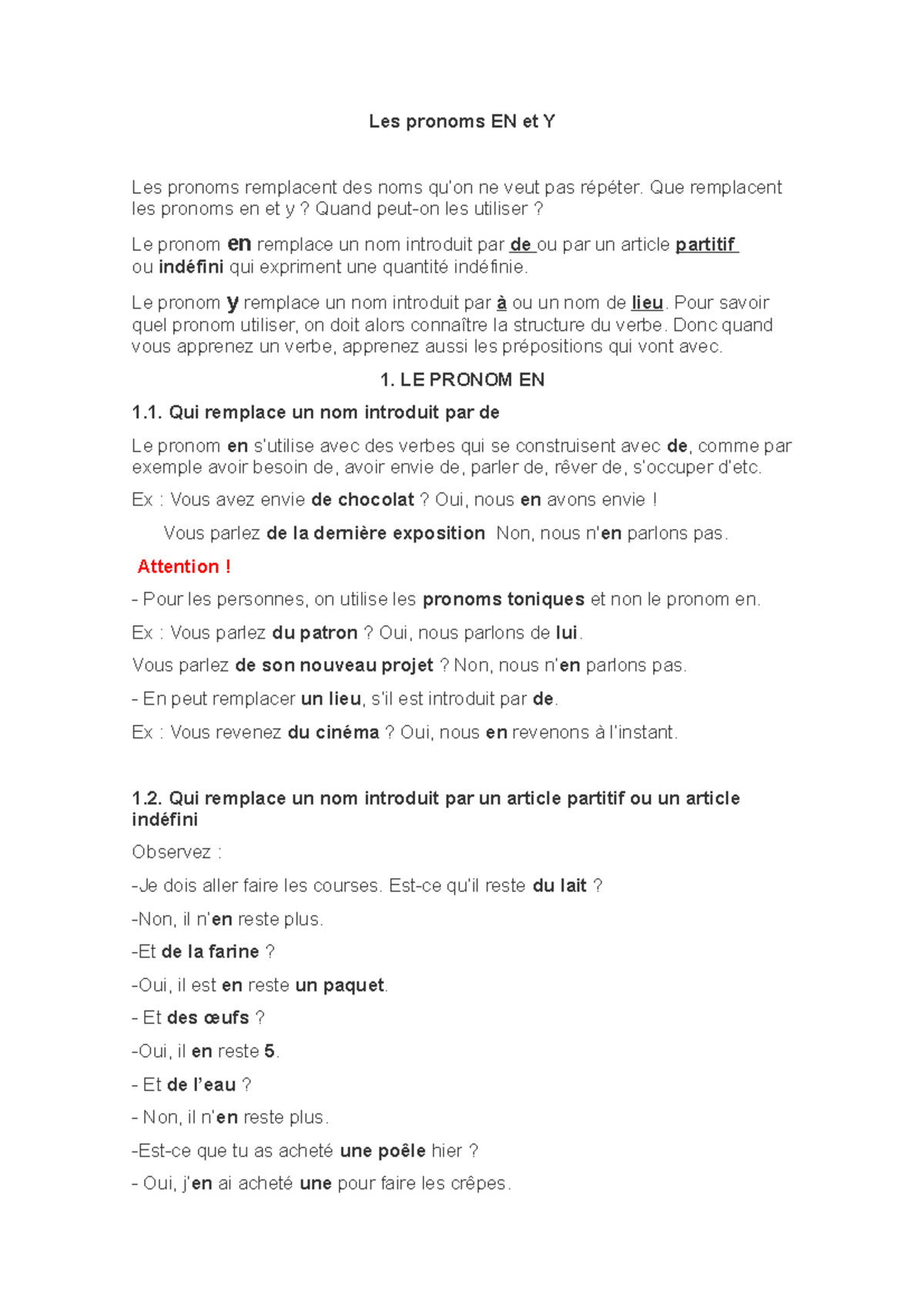 Pronom y - en lecture et exercices - Les pronoms EN et Y Les pronoms ...