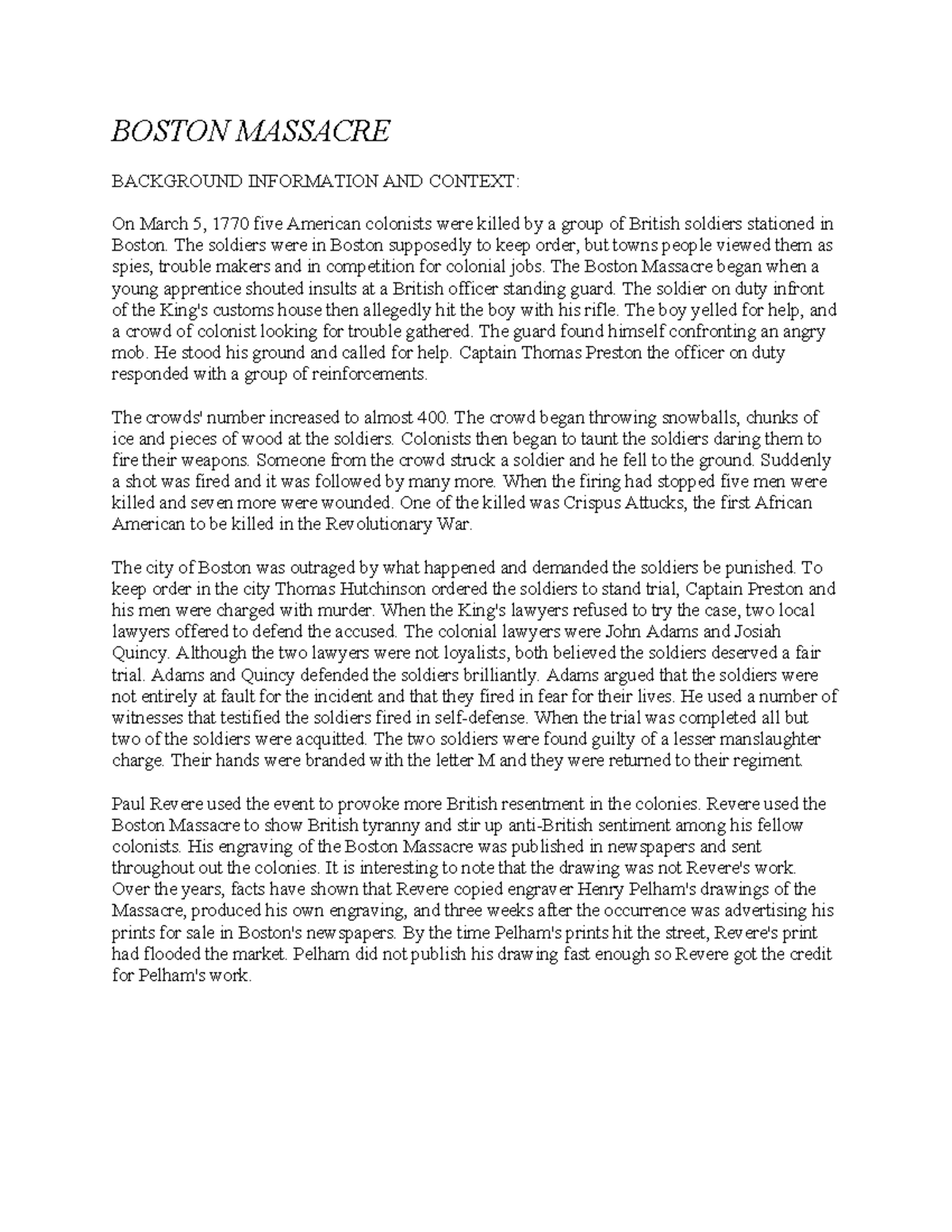 Boston Massacre background information and questions - BOSTON MASSACRE ...