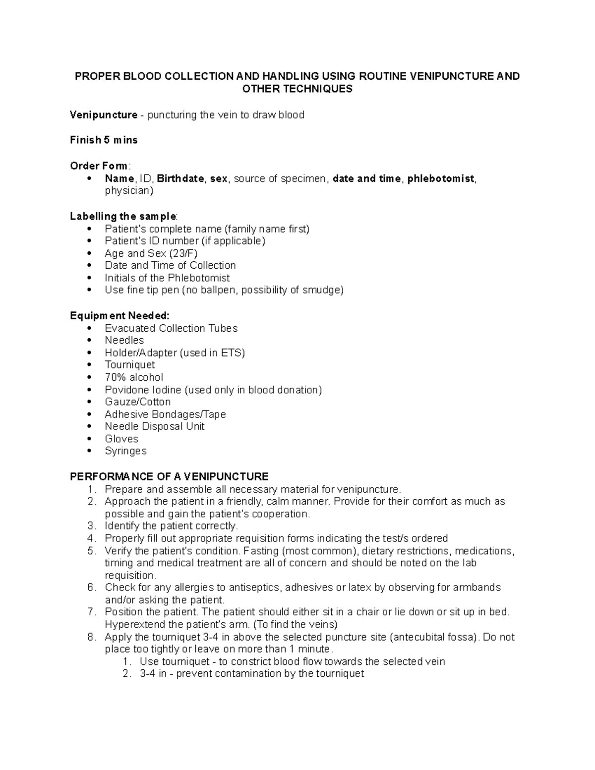 Proper Blood Collection AND Handling Using Routine Venipuncture AND ...