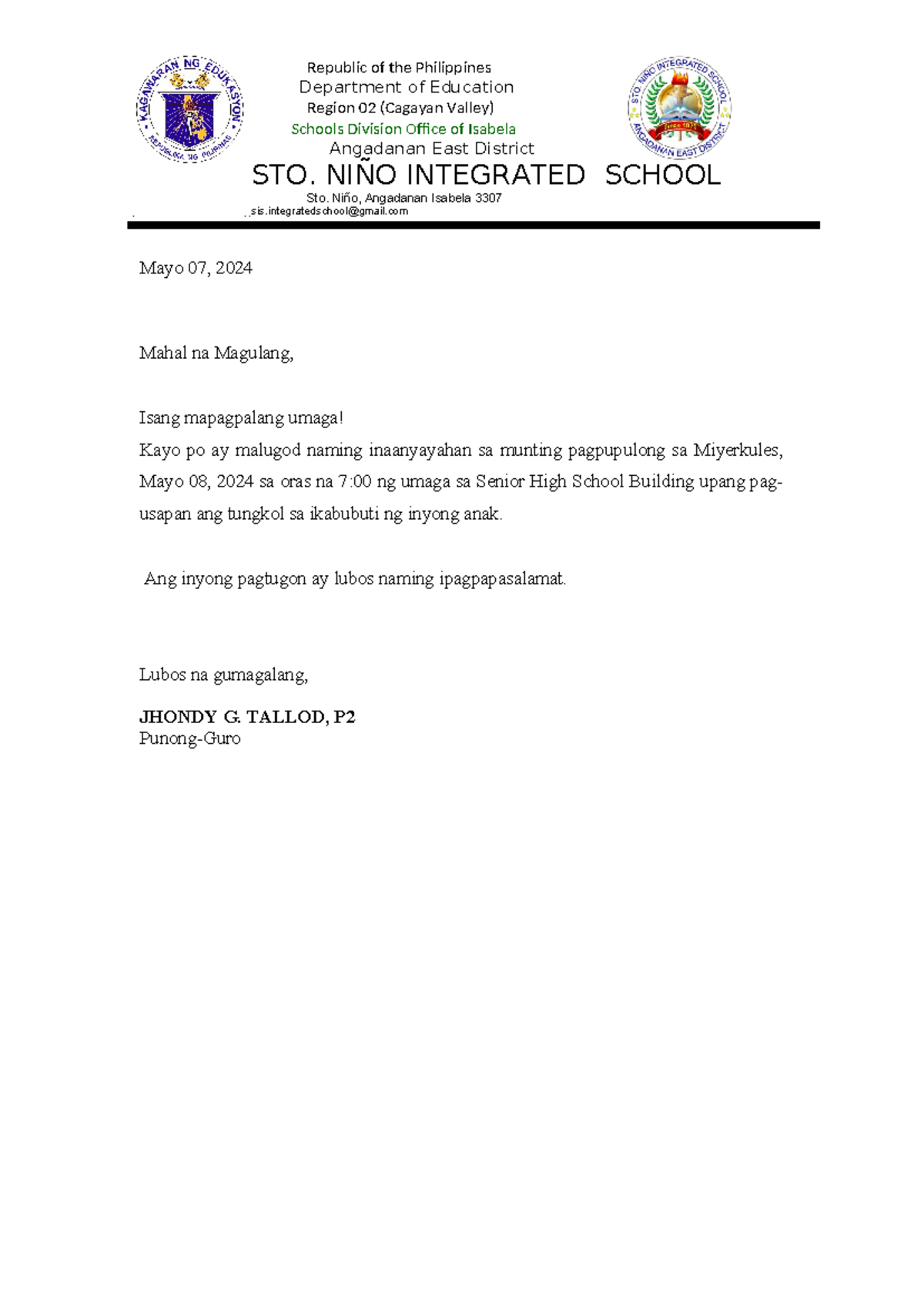 Sulat sa magulang - letter - Republic of the Philippines Department of Education Region 02 ...