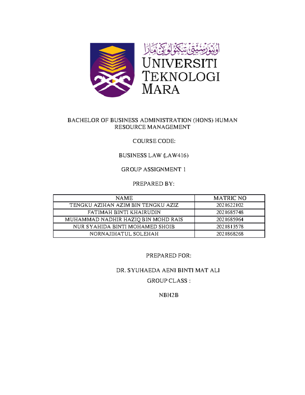 LAW416, Assignment 1 - BACHELOR OF BUSINESS ADMINISTRATION (HONS) HUMAN RESOURCE MANAGEMENT ...