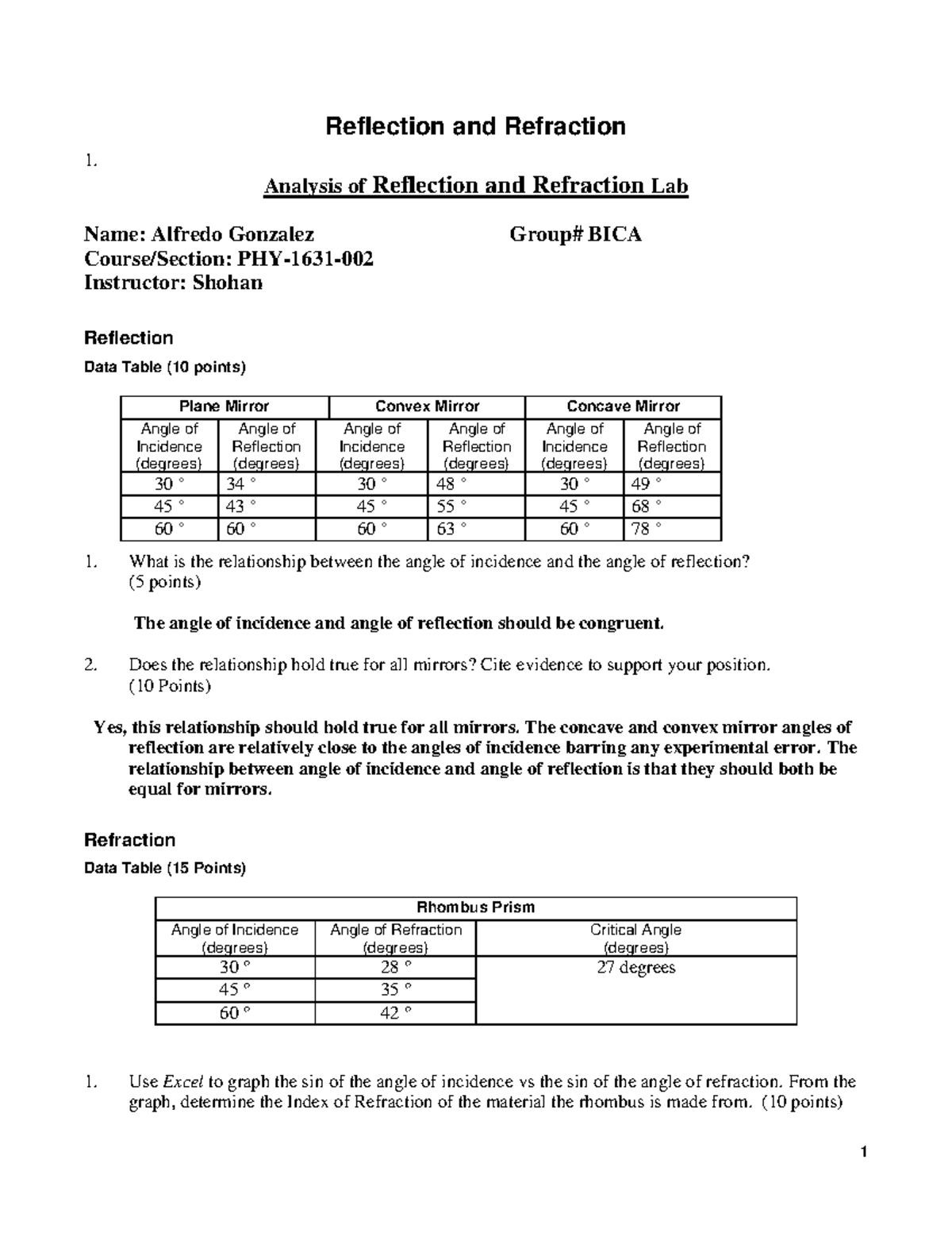 Reflection and Refraction Lab Edited 8 - 1 Reflection and Refraction 1 ...