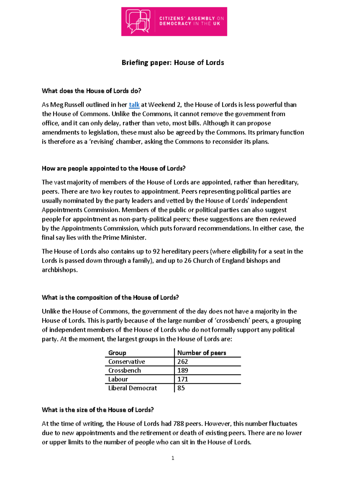 Briefing paper - house of lords - 1 Briefing paper: House of Lords What ...