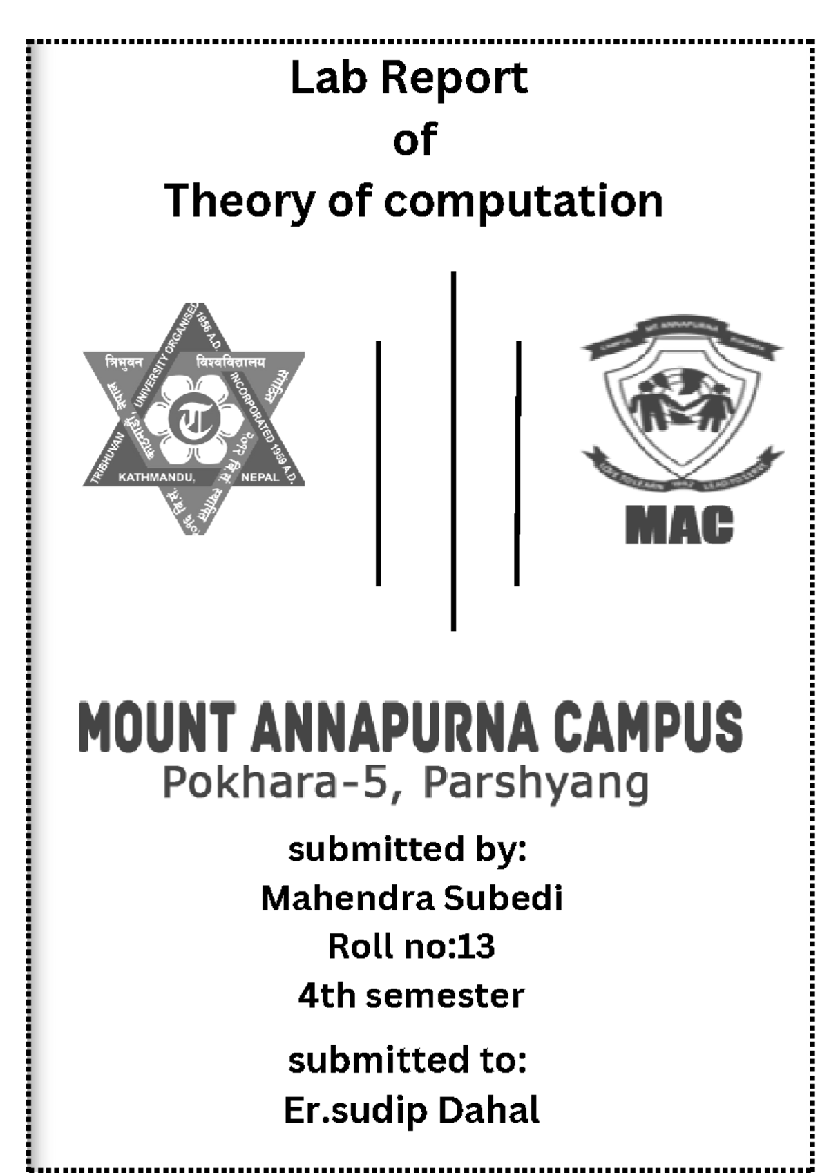 Praticle File Theory of compution - Computer Science - Lab Report of Theory of computation ...