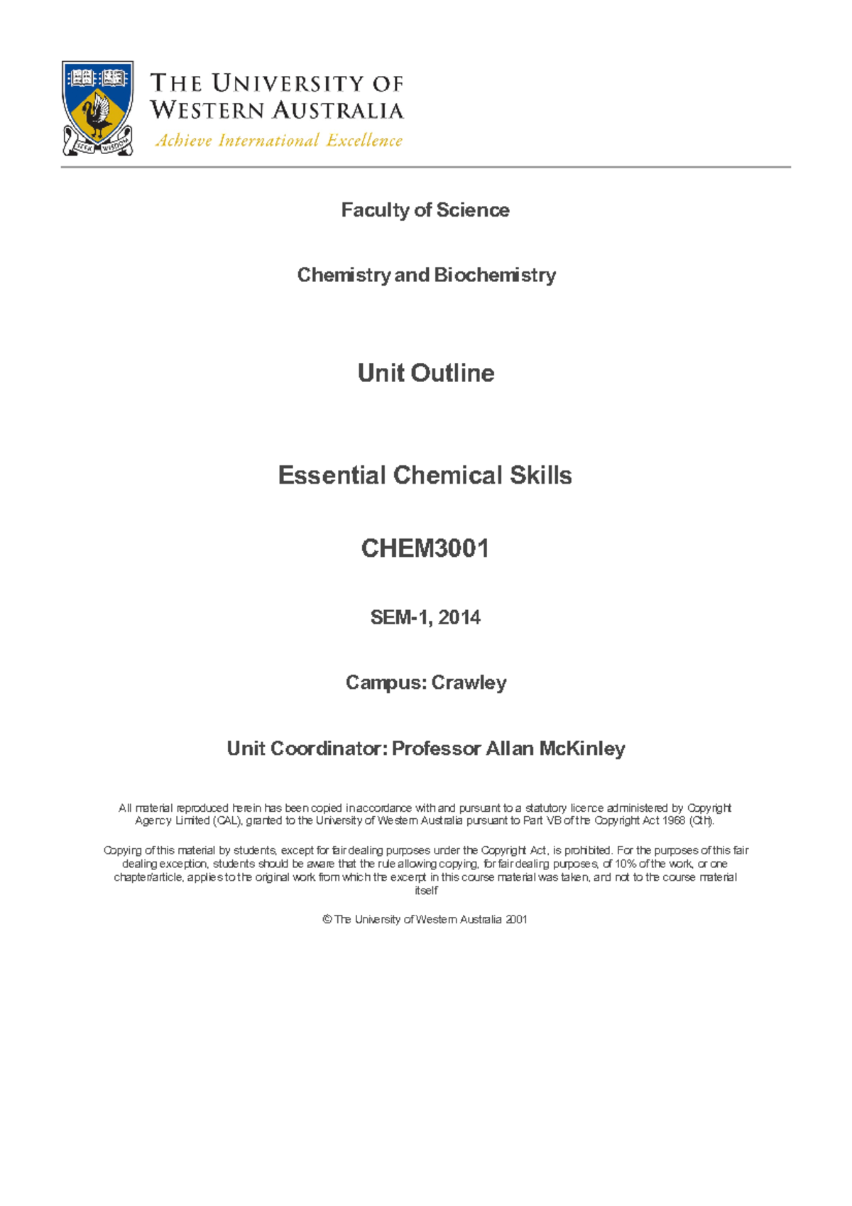 Unit Outline - Faculty of Science Chemistry and Biochemistry Unit ...