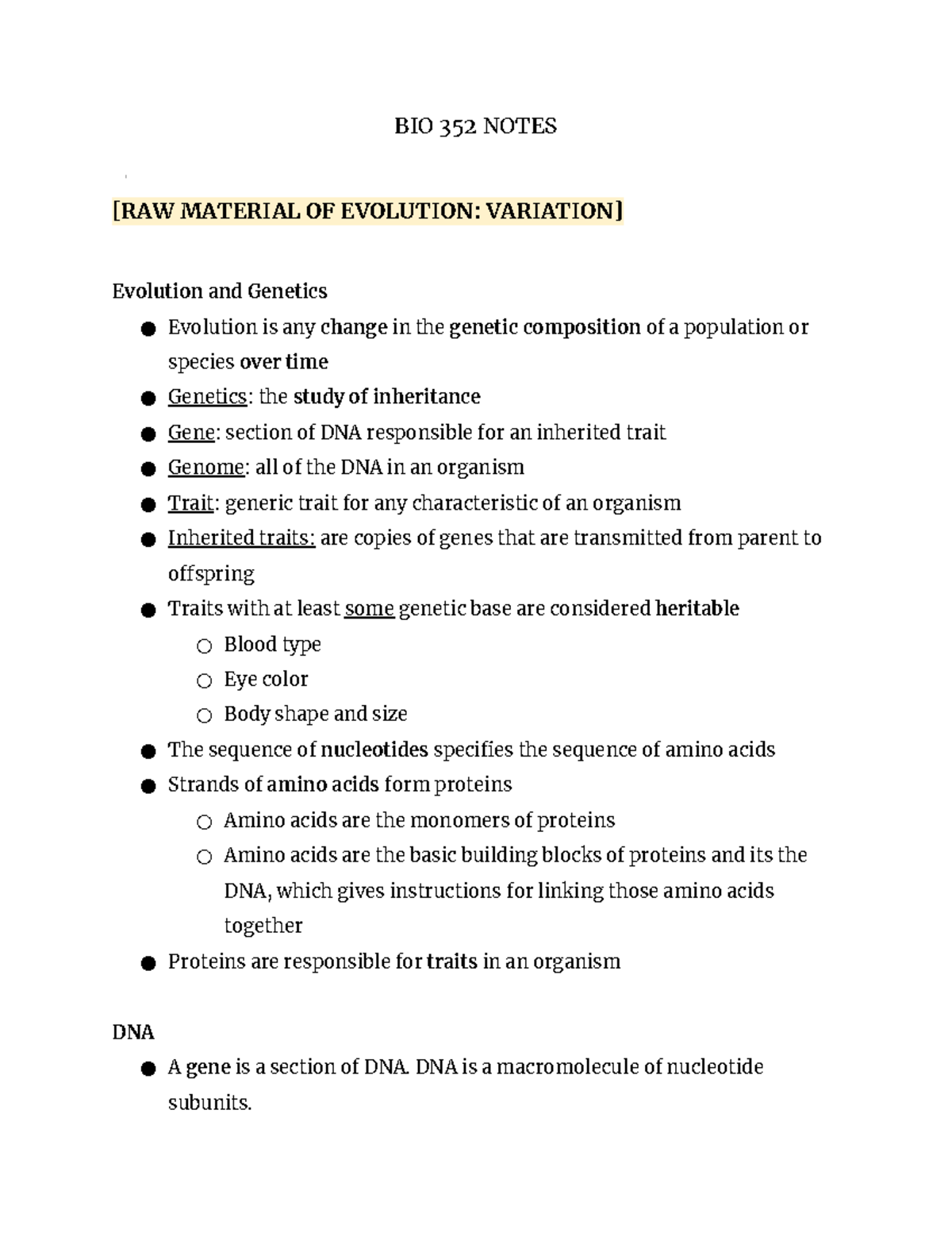 BIO 352 Notes #2 - BIO 352 NOTES [RAW MATERIAL OF EVOLUTION: VARIATION ...