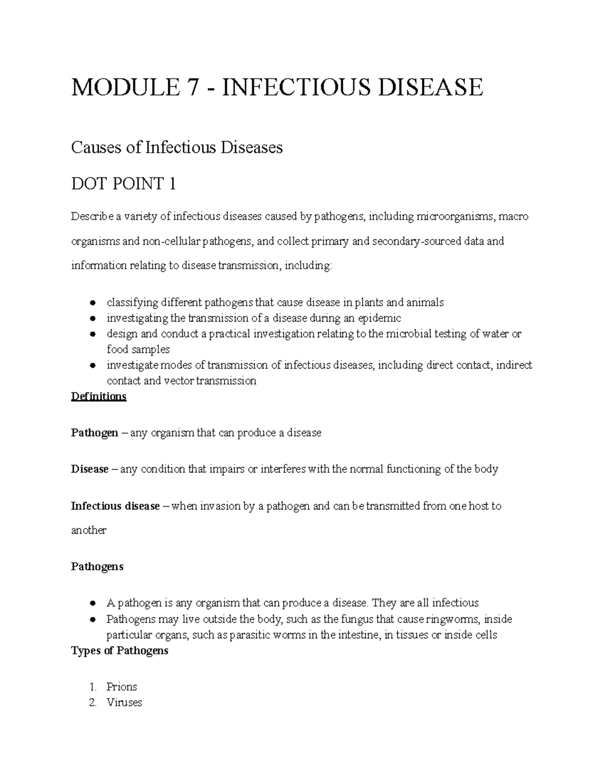 Mod 7 notes - MODULE 7 - INFECTIOUS DISEASE Causes of Infectious ...