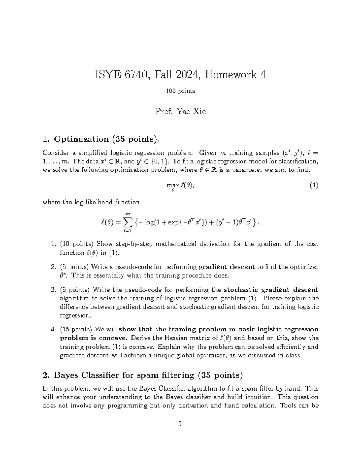Homework 4 - ISYE 6740, Fall 2024, Homework 4 100 points Prof. Yao Xie 1. Optimization (35 ...