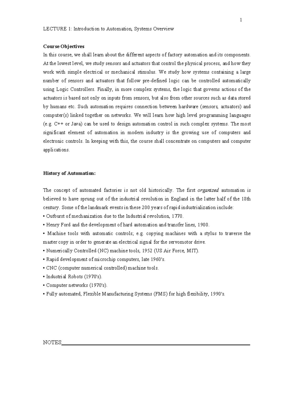 1 intro - IT n science in field - LECTURE 1: Introduction to Automation, Systems Overview Course ...
