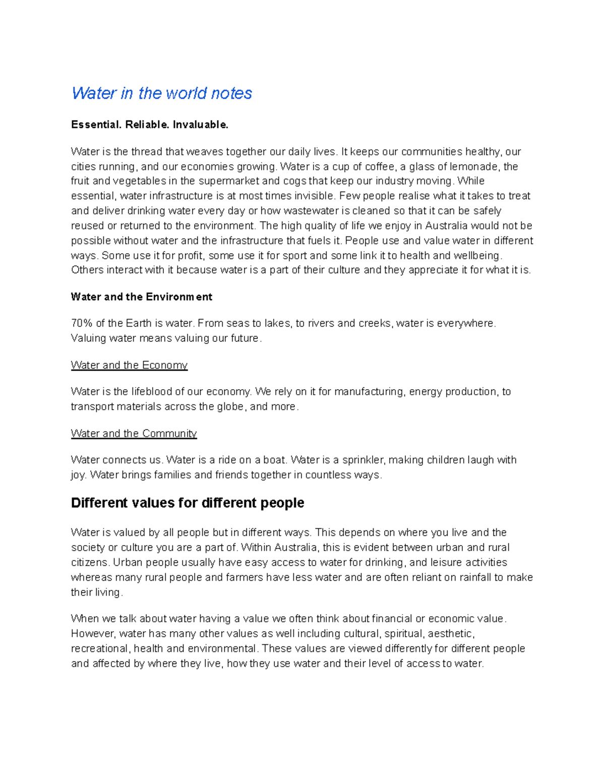 Geography ‘Booklet’ - class work for Water in the World topic - Water ...