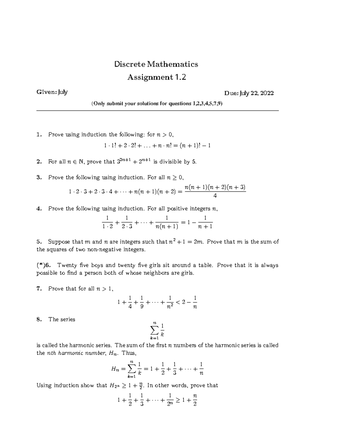 D.Math assingment 1 - Prove using induction the following: for n > 0, 1 ...