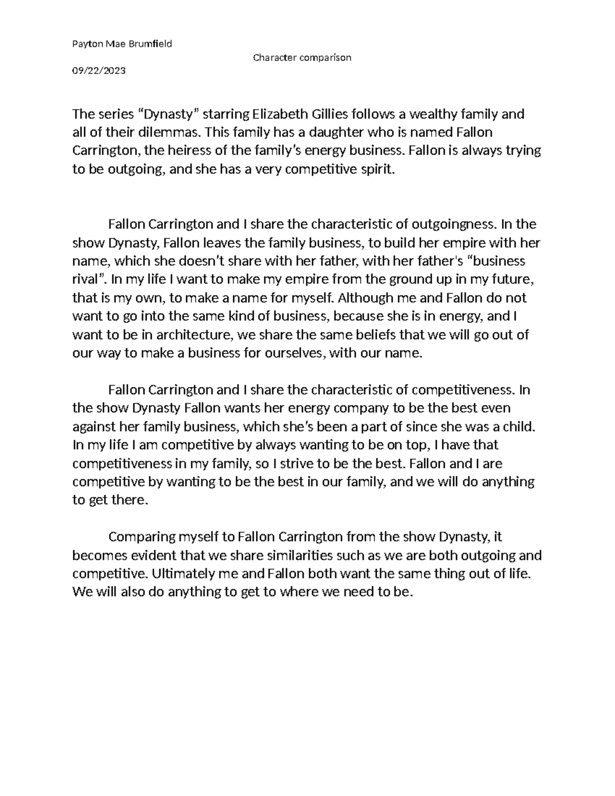 Character comparison essay - Payton Mae Brumfield Character comparison ...