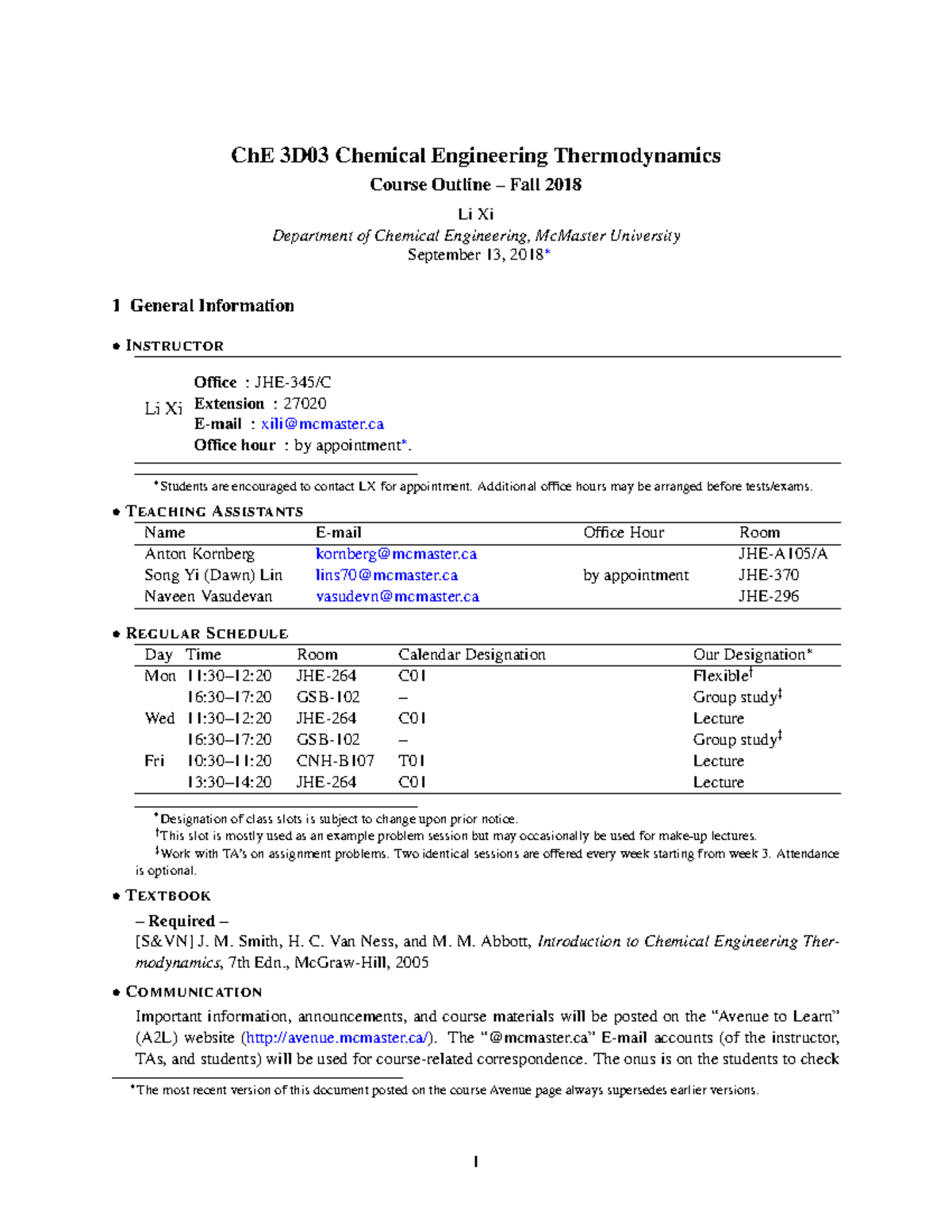 Ch E3D03 Outline 2018 Sep13 - ChE 3D03 Chemical Engineering ...