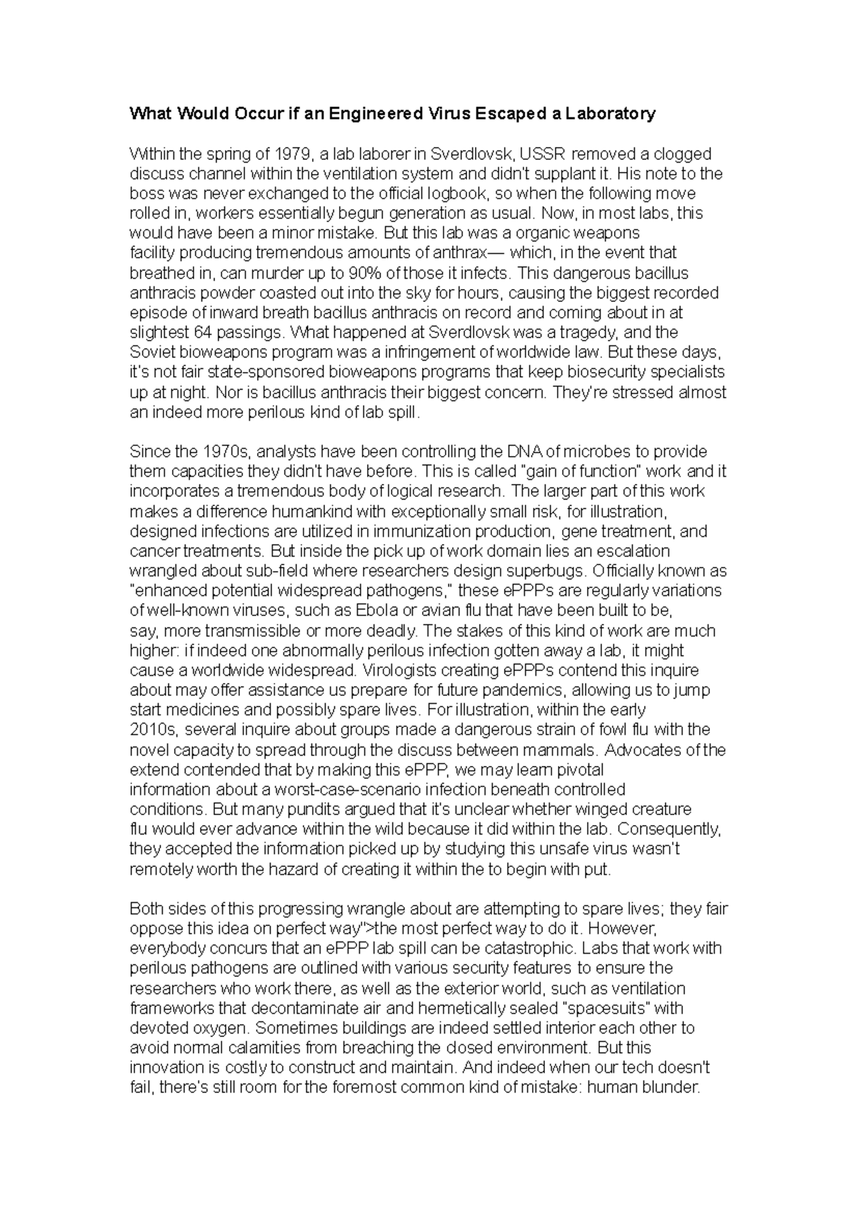 What Would Occur if an Engineered Virus Escaped a Labratory - His note ...