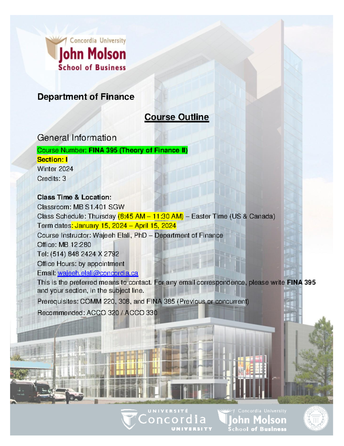 Course outline - Department of Finance Course Outline General ...