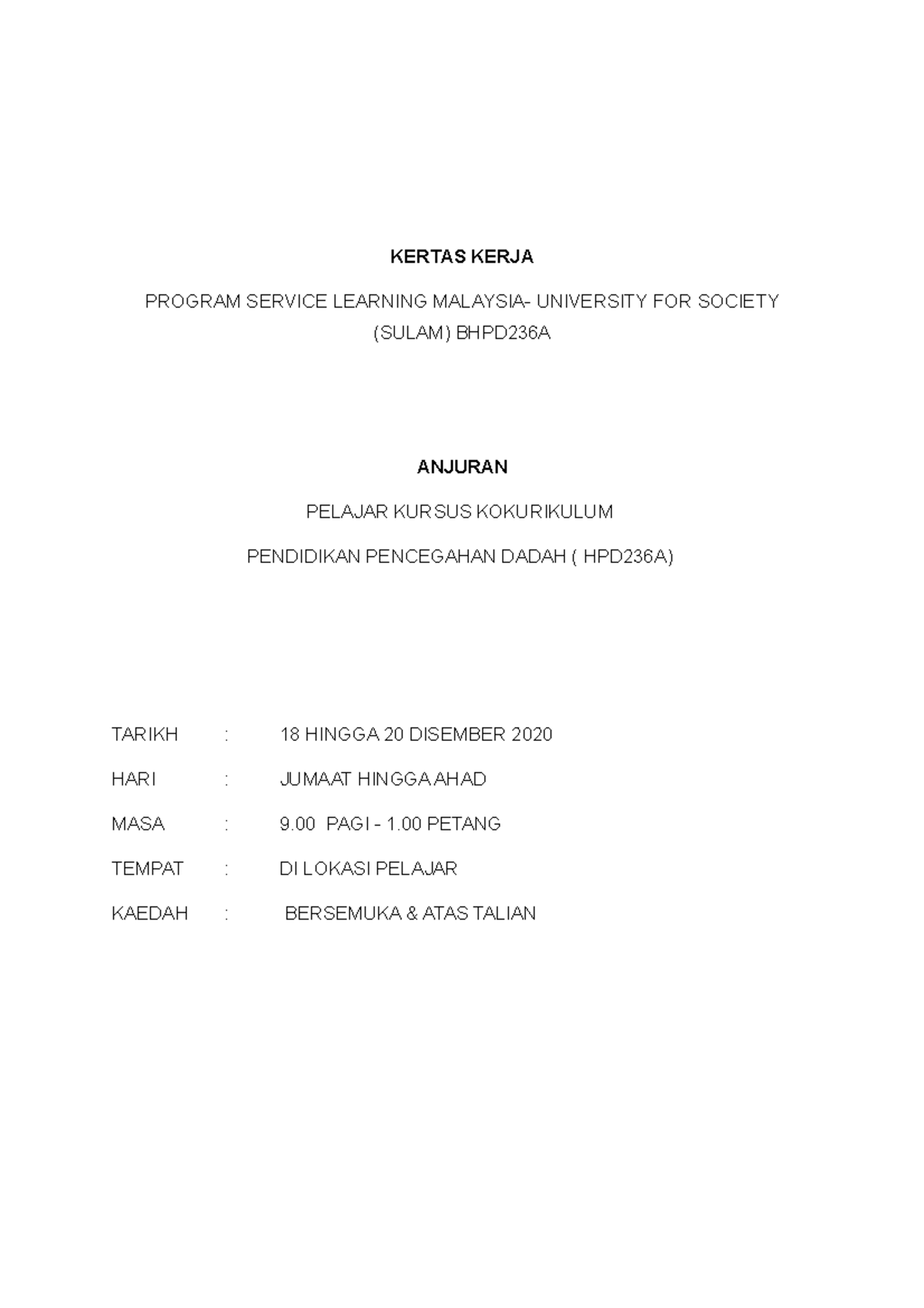 Contoh Kertas Kerja Sulam - KERTAS KERJA PROGRAM SERVICE LEARNING ...