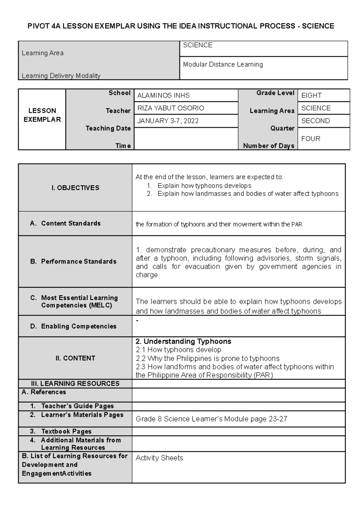 Science 9 Week 7 Lesson Plan PIVOT 4A LESSON EXEMPLAR USING THE