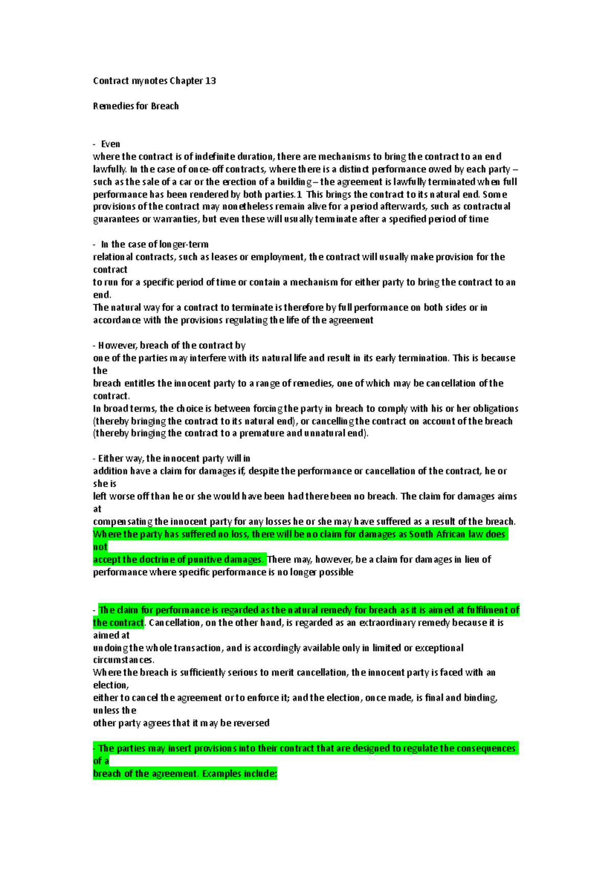 Contract remedies for breach - Contract mynotes Chapter 13 Remedies for ...