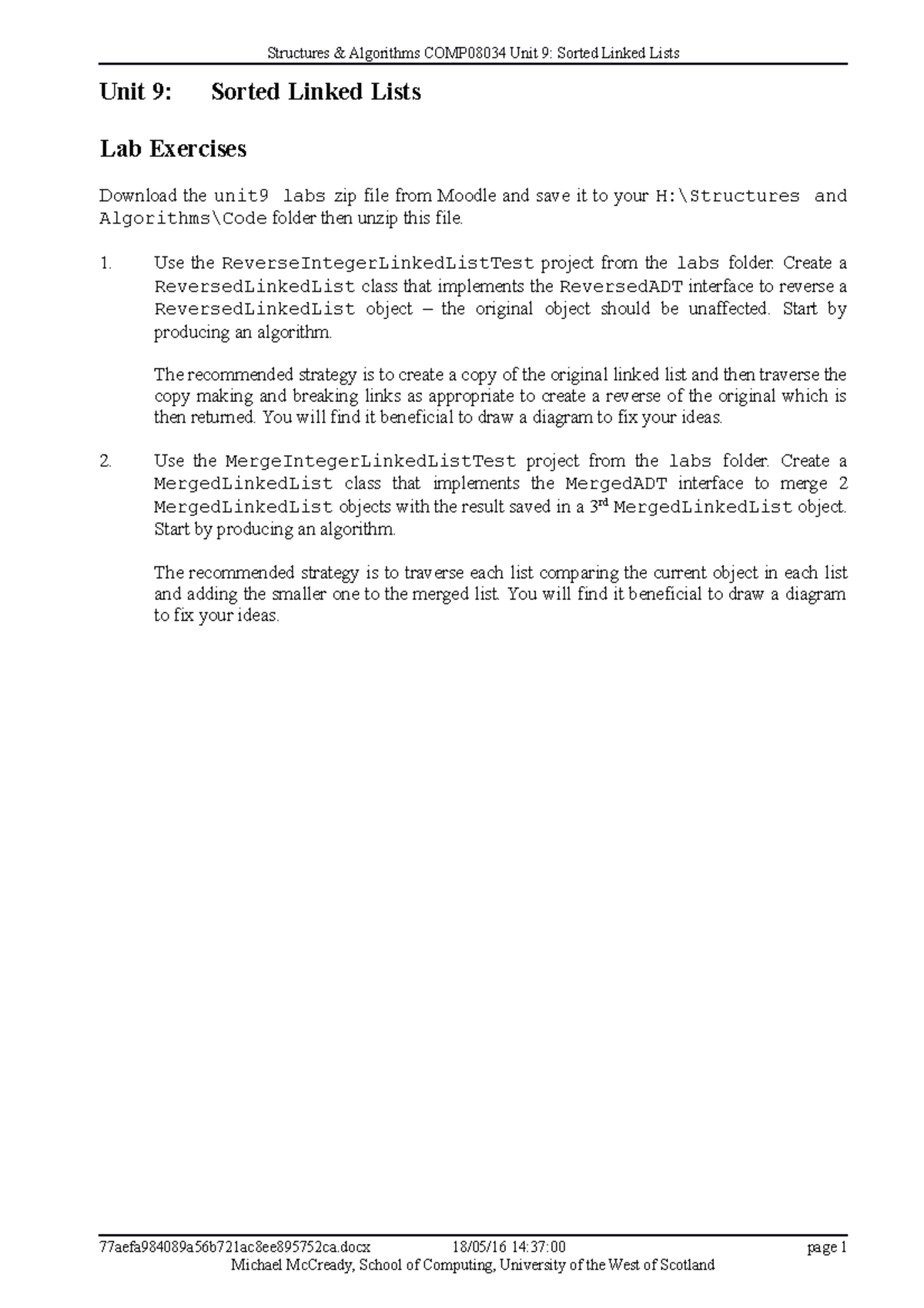 Unit9 Lab Exercises Structures And Algorithms Comp08034 Unit 9 Sorted Linked Lists Unit 