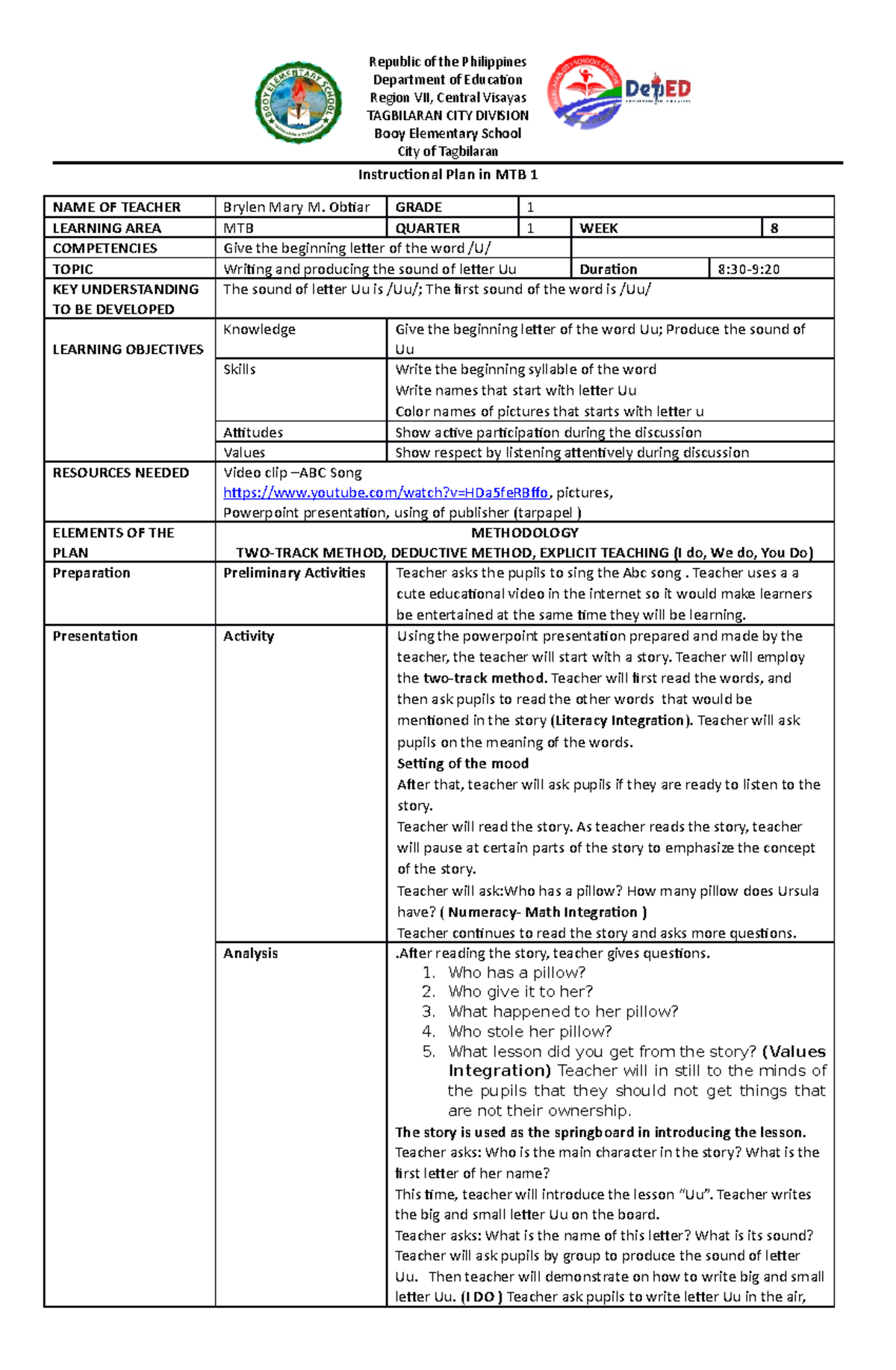 COT I-PLAN-MATH-Instructional Plan in Grade 1 Math - Republic of the ...
