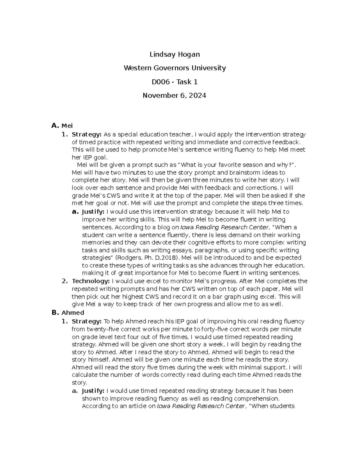 Lindsay Hogan - D006 task 1 - Lindsay Hogan Western Governors ...