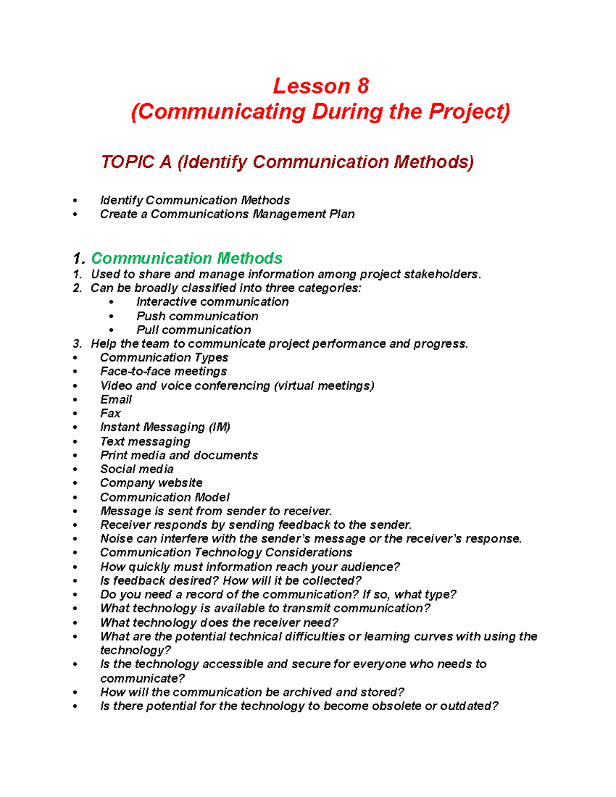 Lesson 8 (Communicating During the Project) - Communication Methods 1 ...