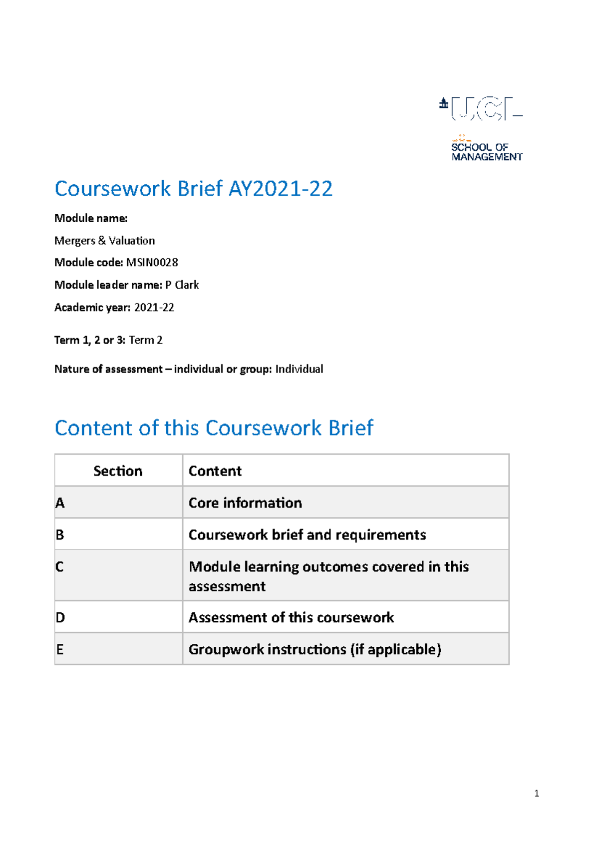 MSIN0028 ECW 2021-22 - 1 Coursework Brief AY2021- Module name: Mergers ...