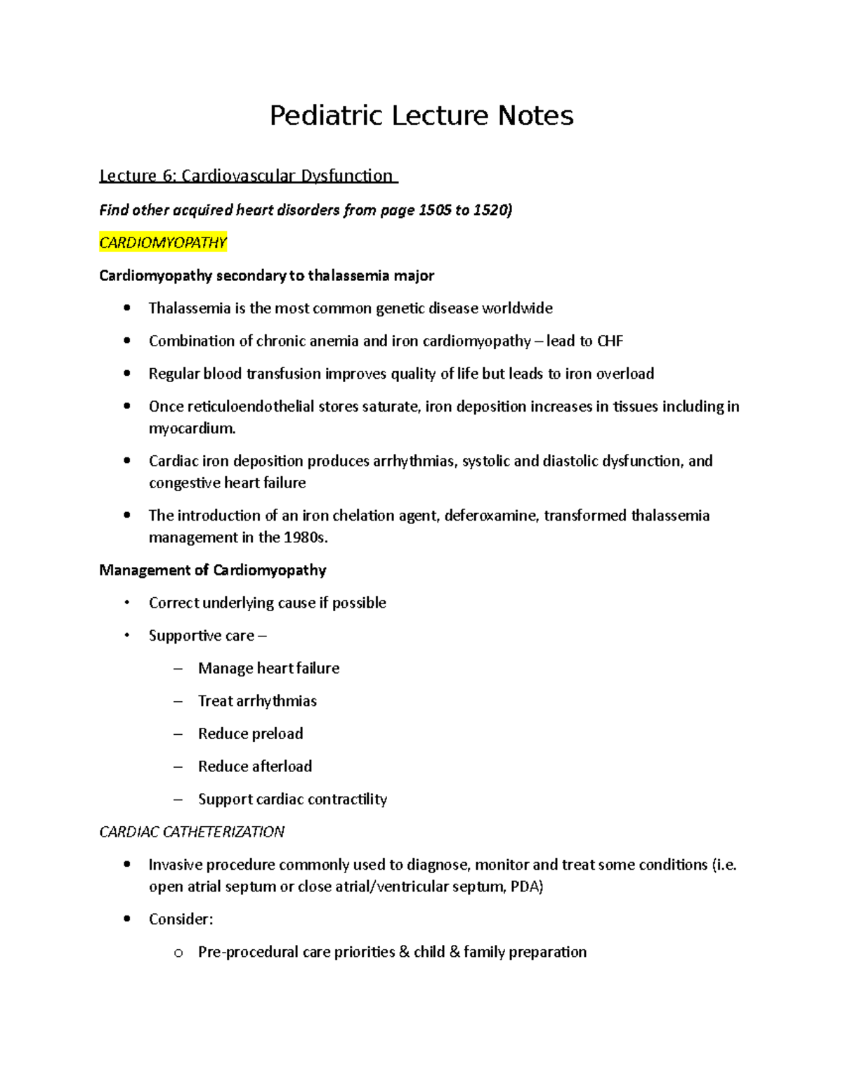 Midterm notes - Pediatric Lecture Notes Lecture 6: Cardiovascular ...