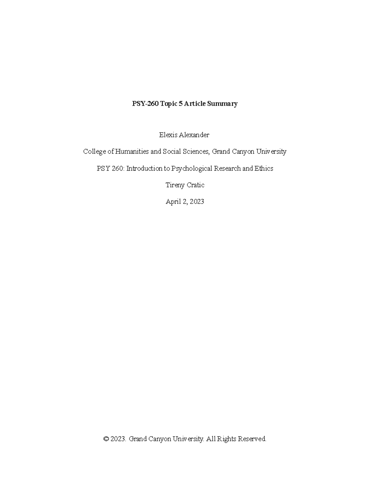 PSY 260 RS T5 Article Summary - PSY-260 Topic 5 Article Summary Elexis ...