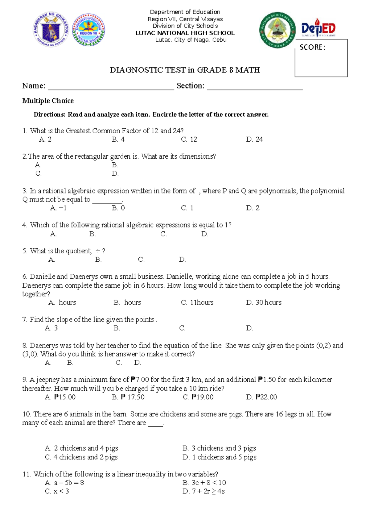 MATH 8 - Diagnostic Test - Department of Education Region VII, Central ...
