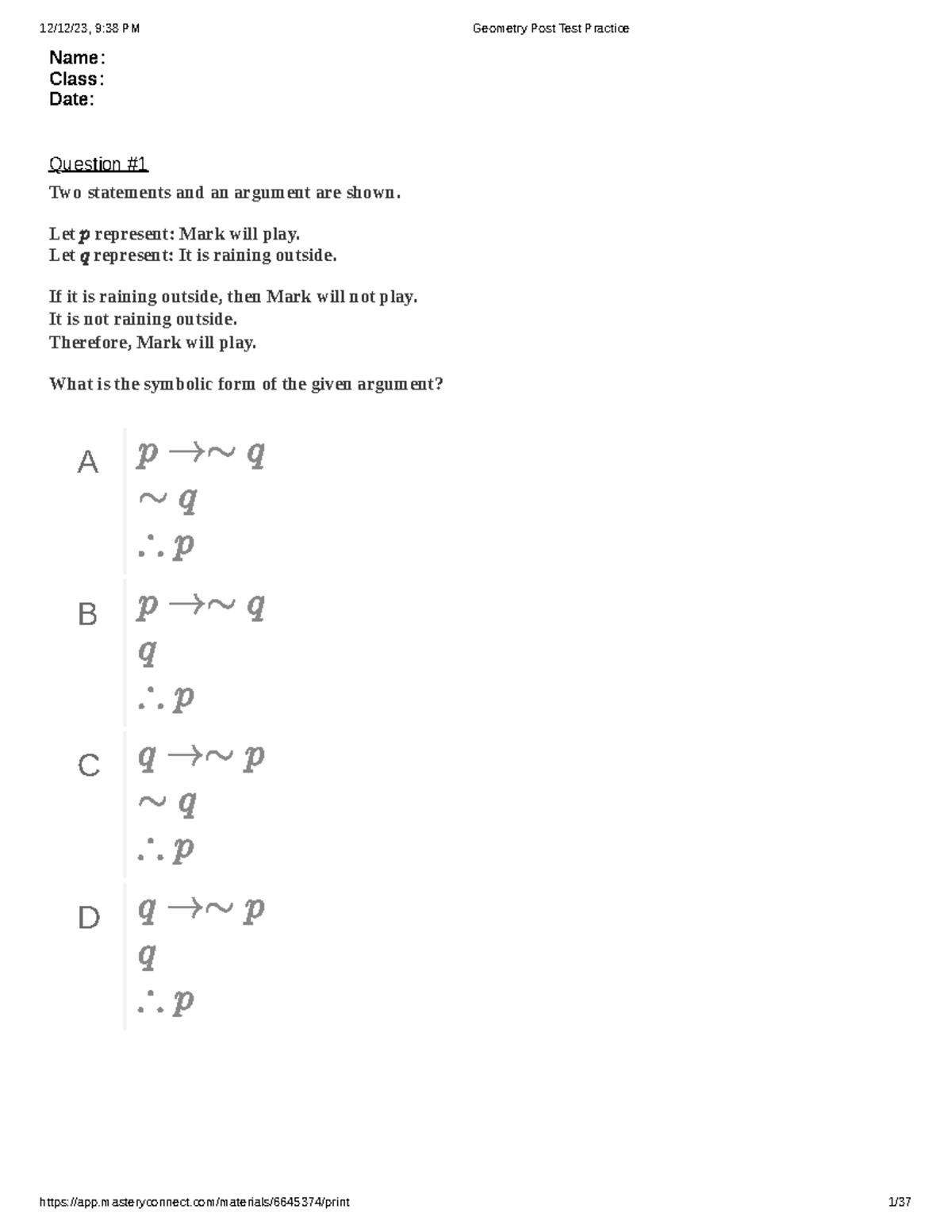 Geometry Post Test Practice - Name: Class: Date: Question Two ...