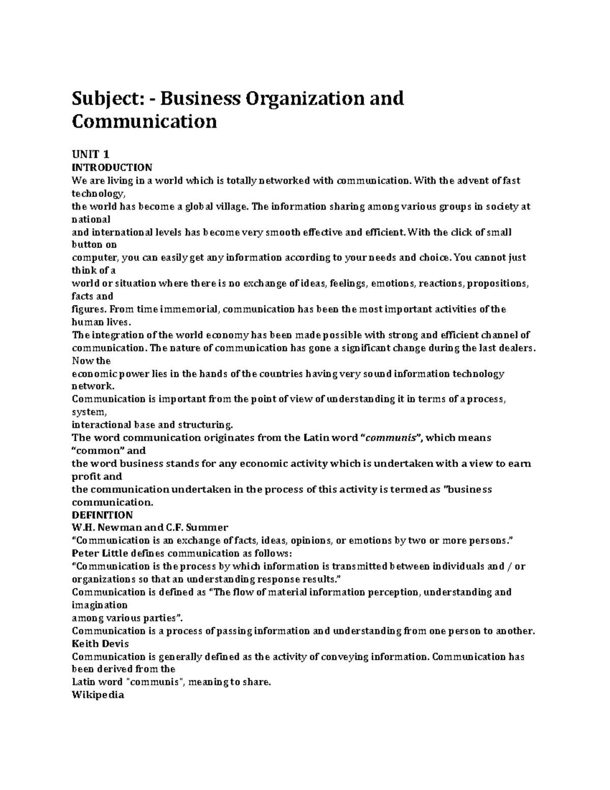 Business Organisation UNIT 6 - Subject: - Business Organization and ...