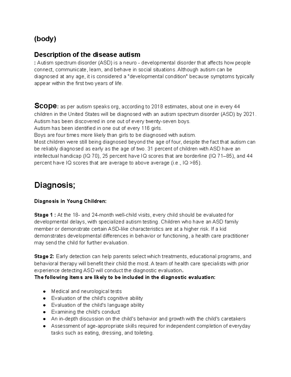 Gen biology grade 11 autism body paper.docx - (body) Description of the ...