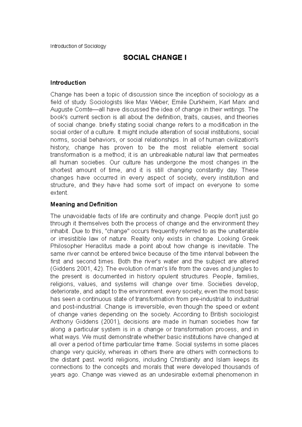 Social Change I - Introduction of Sociology SOCIAL CHANGE I ...