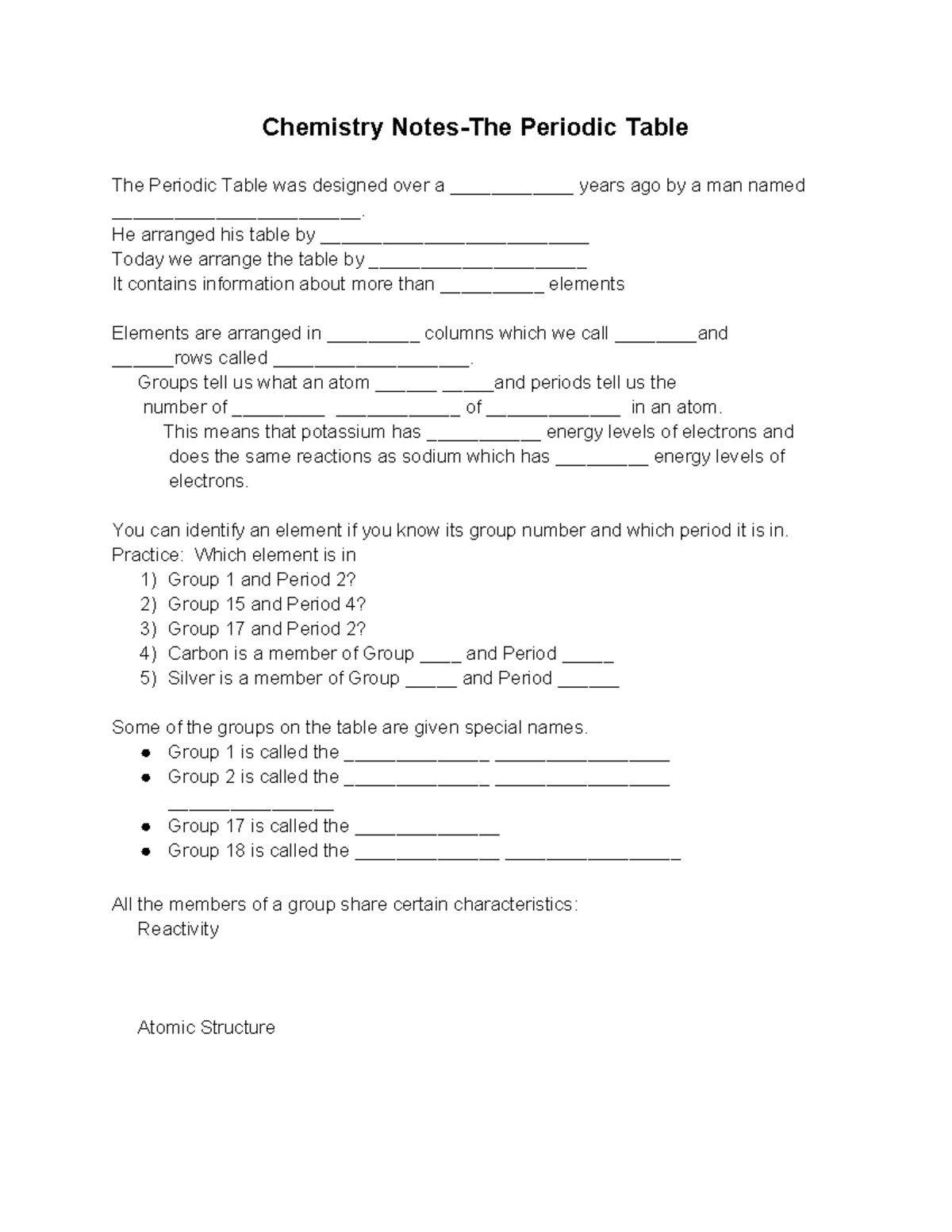 Notes The Periodic Table - Chemistry Notes-The Periodic Table The ...