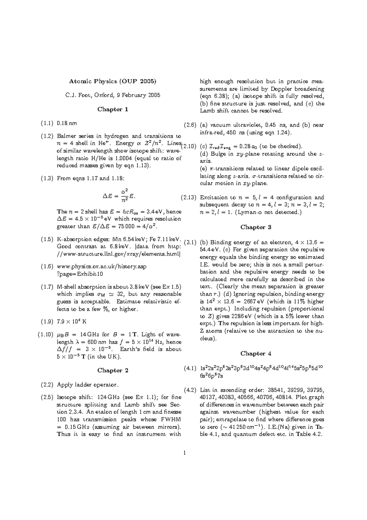 Atomic Physics Solutions - Atomic Physics (OUP 2005) C. Foot, Oxford, 9 February 2005 Chapter 1 ...
