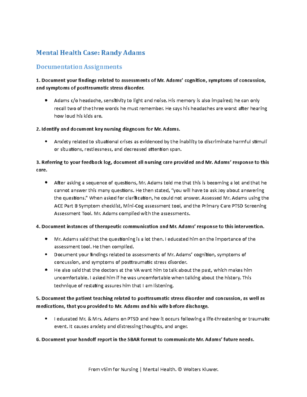 Randy VSim Document - Mental Health Case: Randy Adams Documentation ...