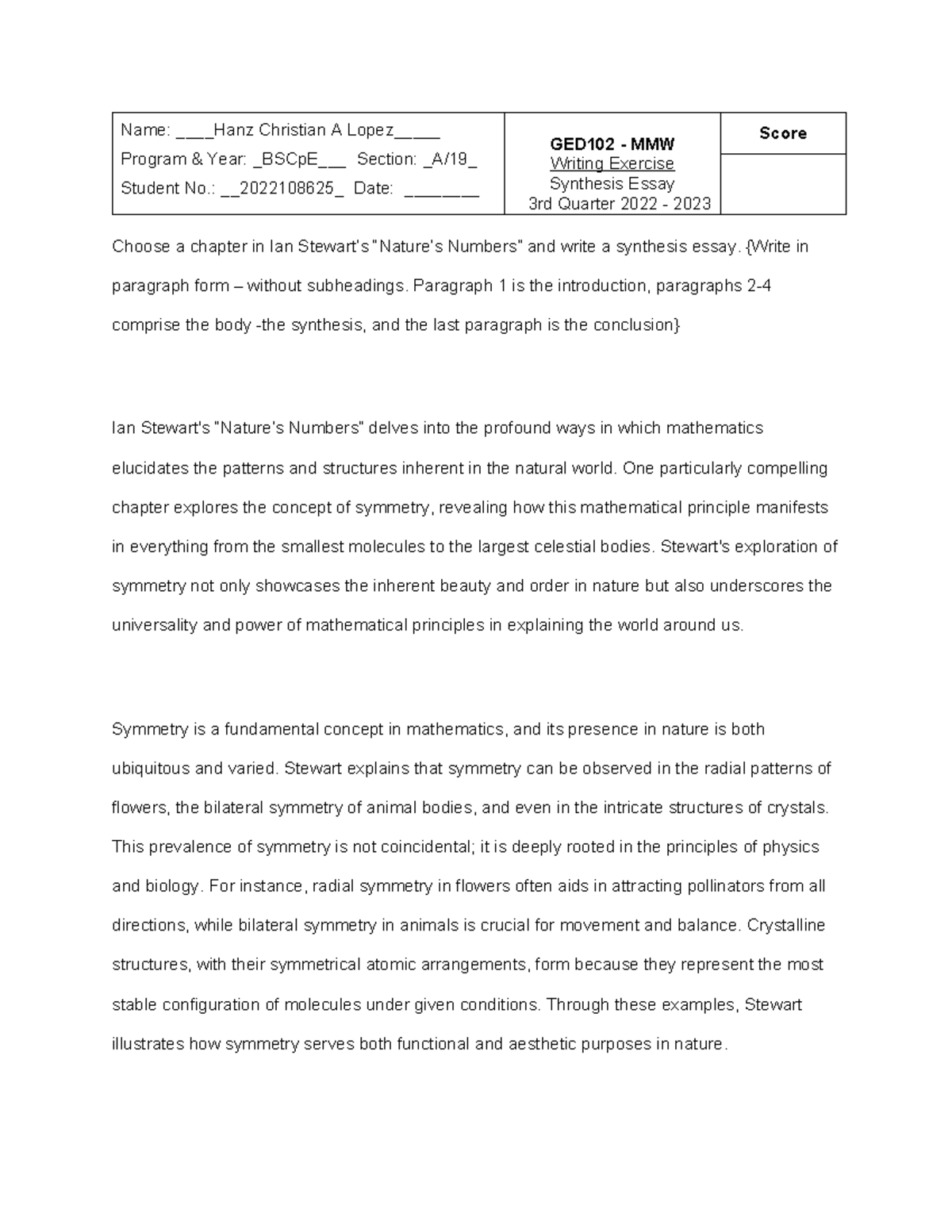 Template for Synthesis Essay - Name: Hanz Christian A Lopez_ Program ...