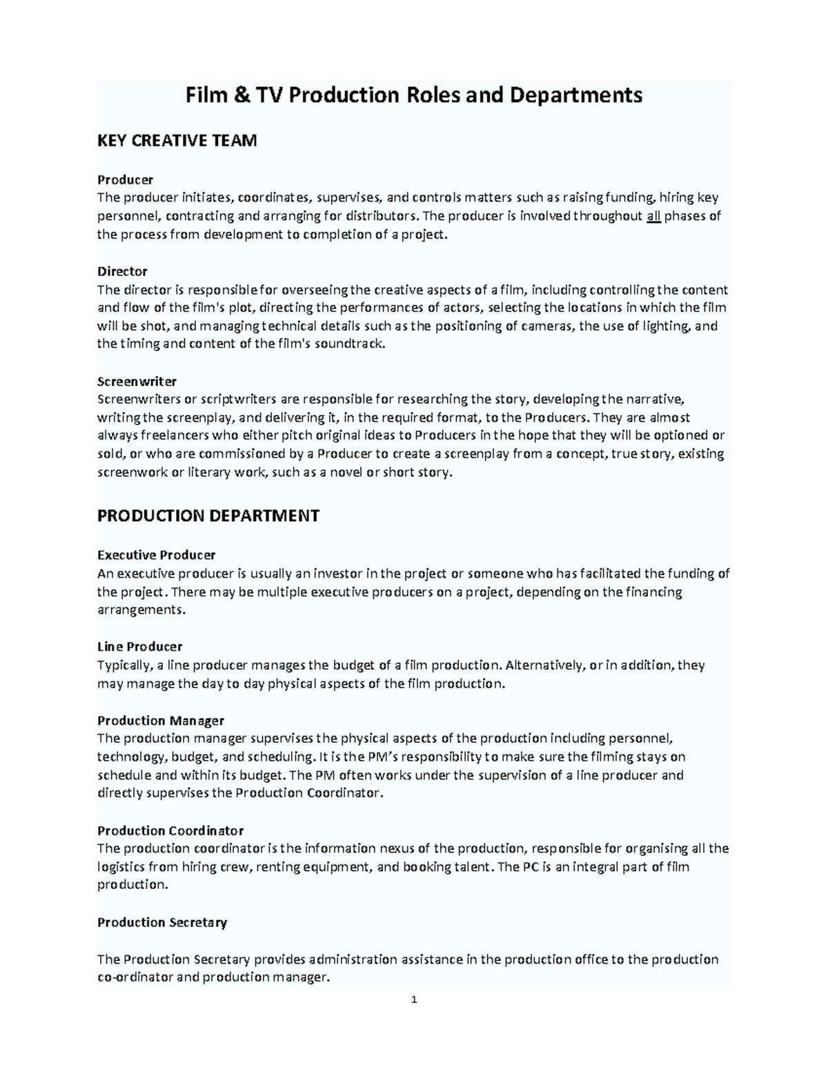 Film & TV Production Roles and Departments - Film & TV Production Roles ...