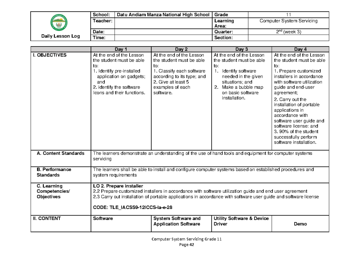 DLL CSS11 Qtr2 week3 - Quarter2 - Computer System Servicing Grade 11 Daily Lesson Log School ...