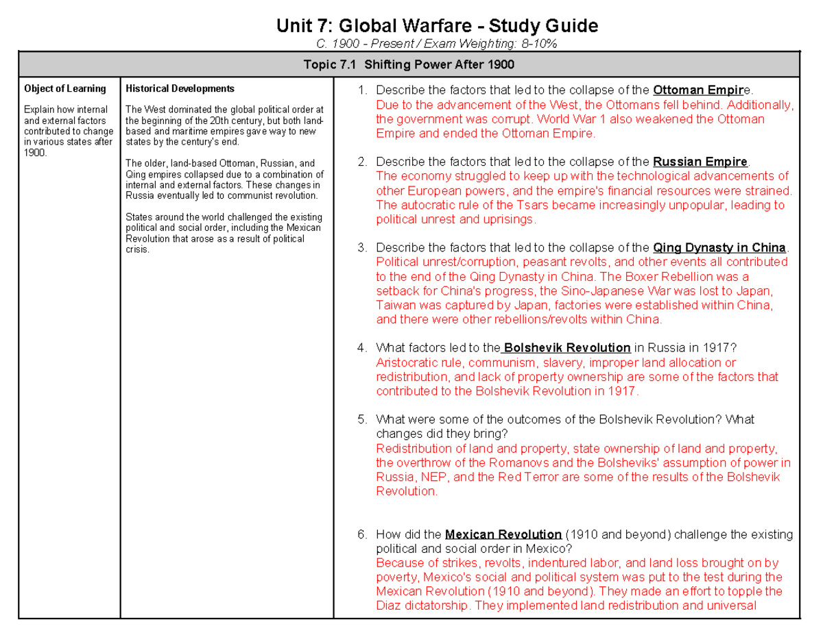 Unit 7 Study Guide - Unit 7: Global Warfare - Study Guide C. 1900 ...
