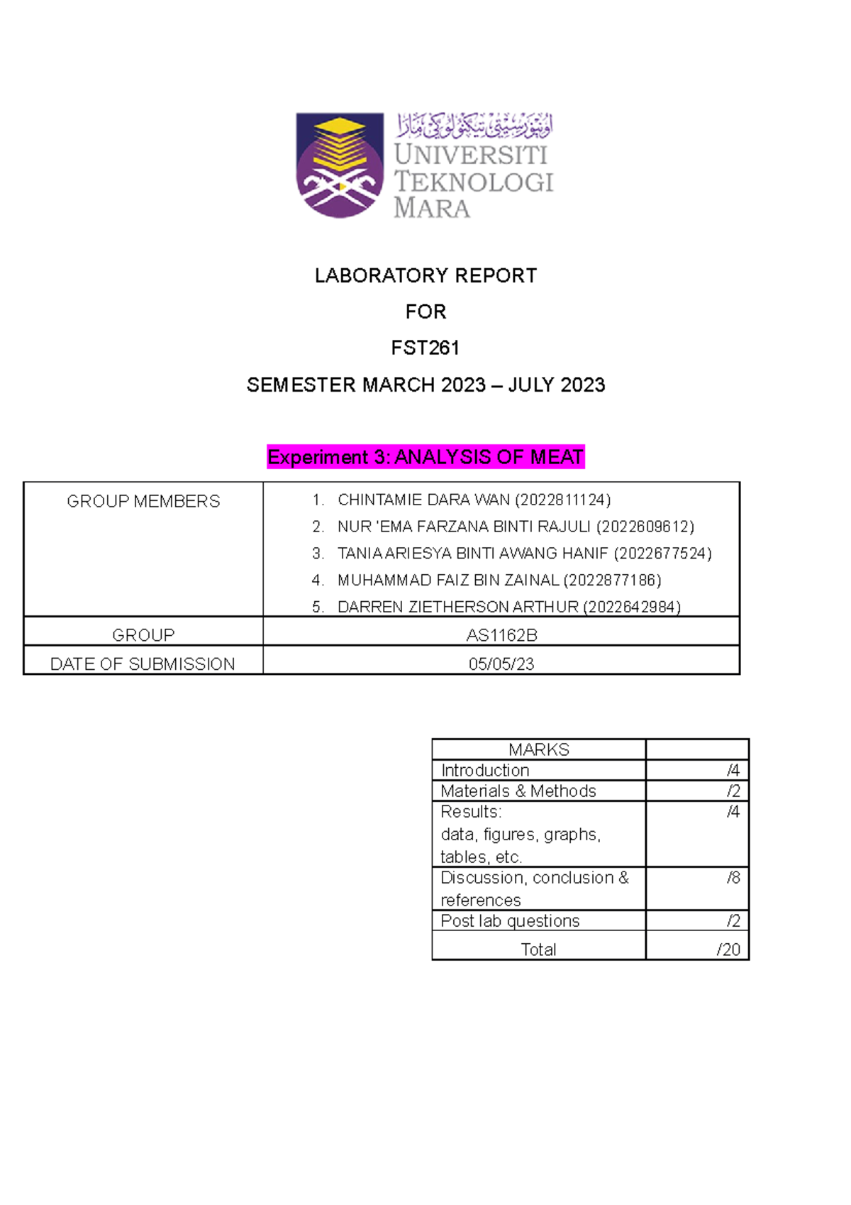 Lab 3 Analysis of Meat - Lab 3 - LABORATORY REPORT FOR FST SEMESTER MARCH 2023 – JULY 2023 - Studocu